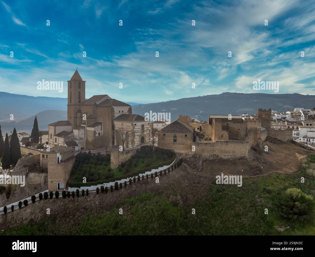 Aerial view of Iznajar castle white village in Andalucia, triangular ...