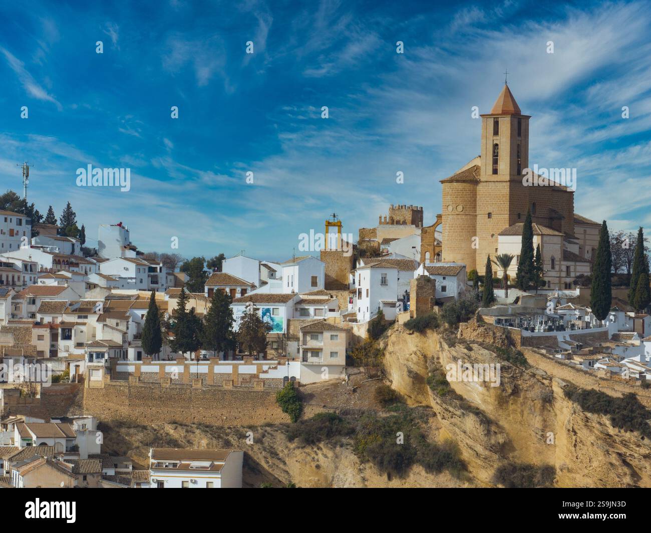 Aerial view of Iznajar castle white village in Andalucia, triangular ...