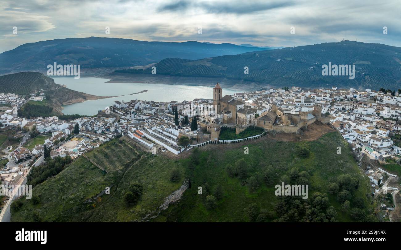Aerial view of Iznajar castle white village in Andalucia, triangular ...