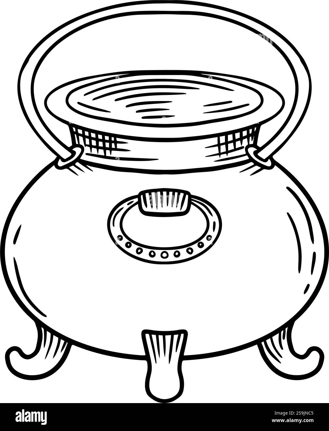 A meticulously detailed line art illustration of a vintage cauldron ...