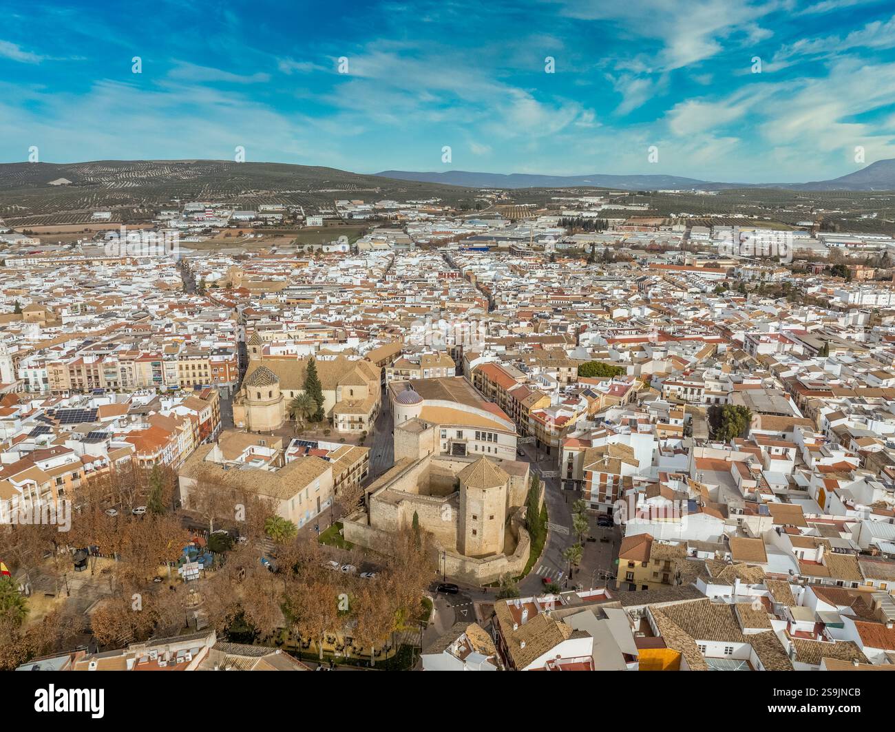 Aerial view of Lucena medieval castle with Damas tower in the middle of ...