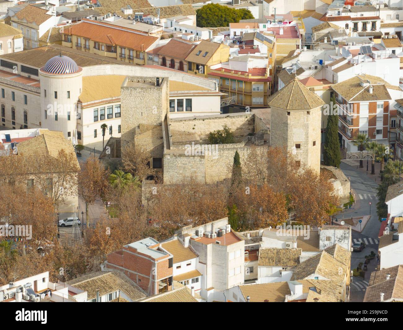Aerial view of Lucena medieval castle with Damas tower in the middle of ...