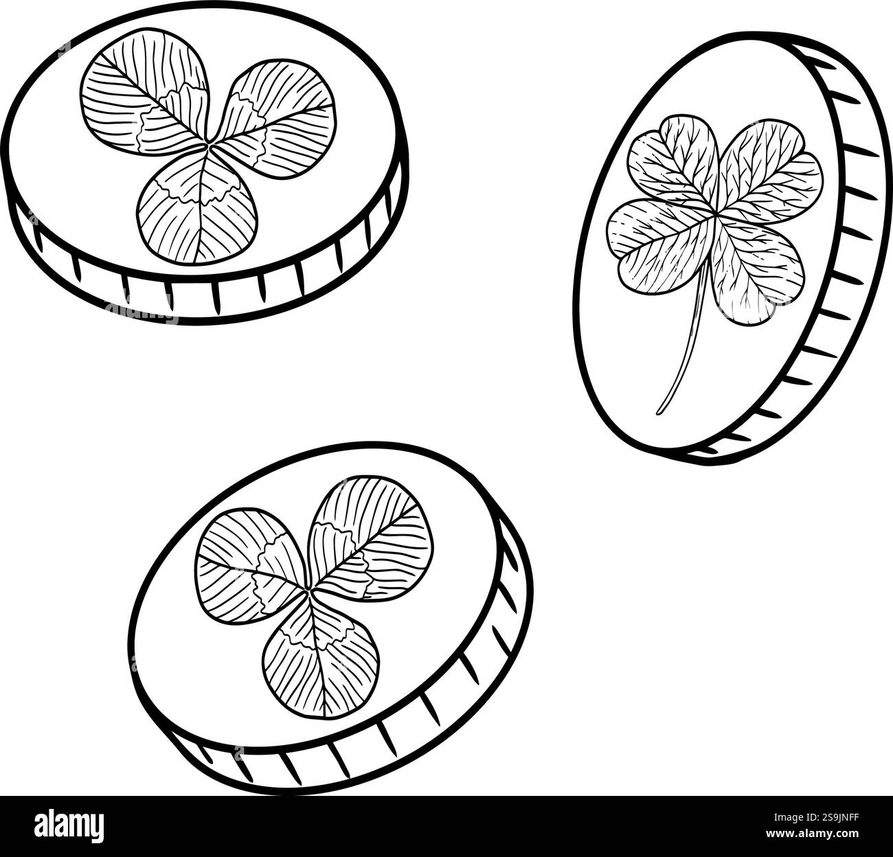 A vibrant illustration of three beautifully designed cloverthemed coins ...