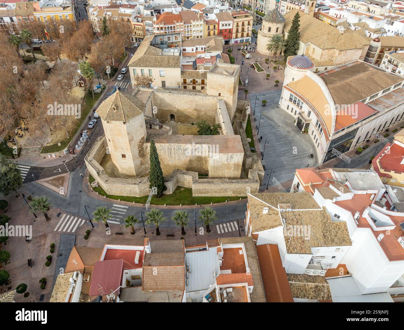 Aerial view of Lucena medieval castle with Damas tower in the middle of ...