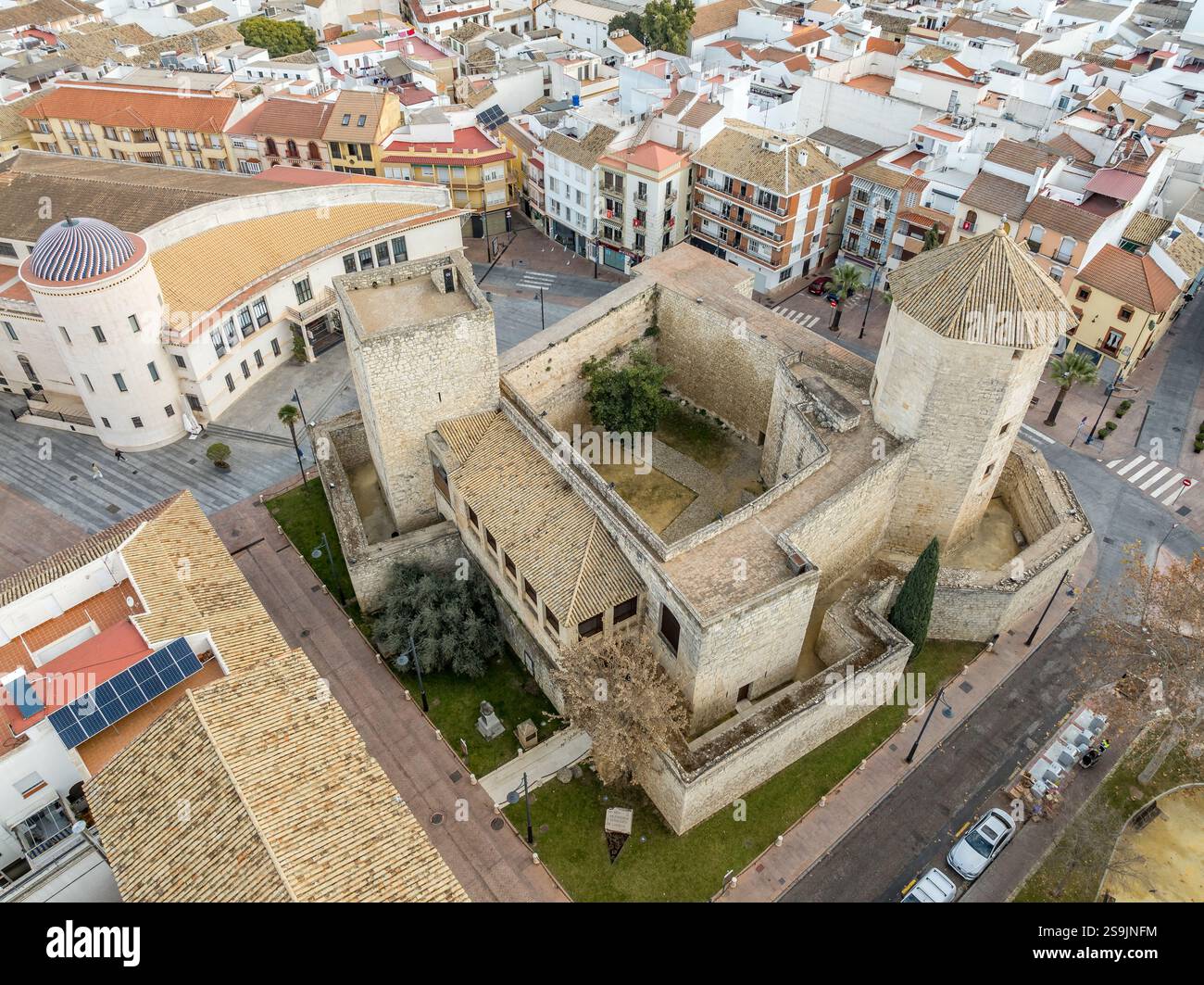 Aerial view of Lucena medieval castle with Damas tower in the middle of ...