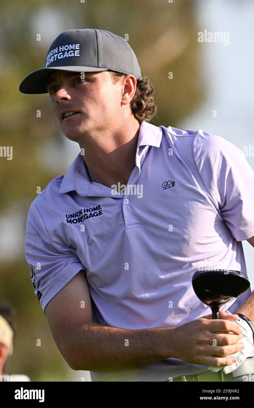 Luke Clanton hits his tee shot on the 18th hole on the South Course at ...