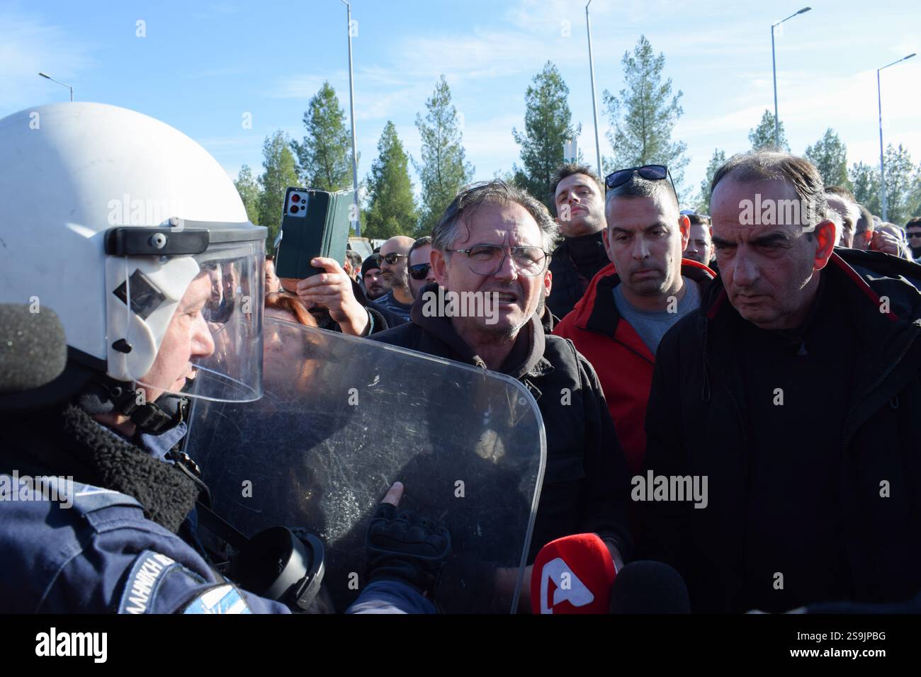 Larissa, Greece. 23 January 2025. Protesters talk to the Police ...