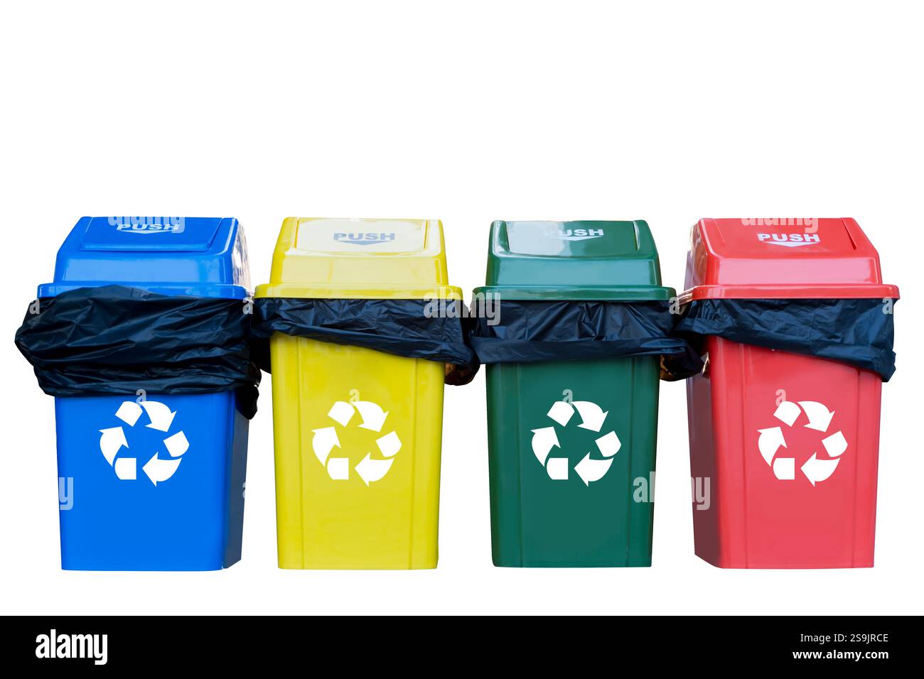 Collection of waste bins full of different types of garbage, recycling ...