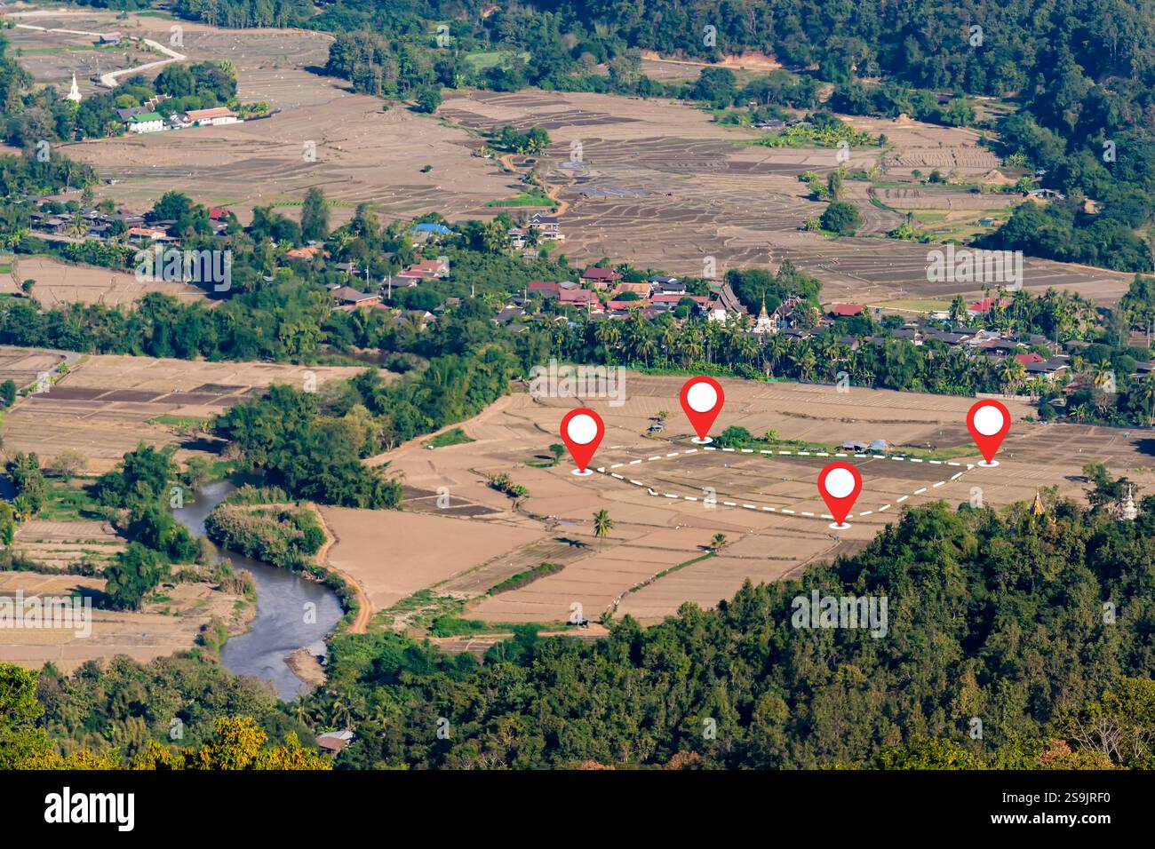 Land plot in aerial view. Identify registration symbol of vacant area ...