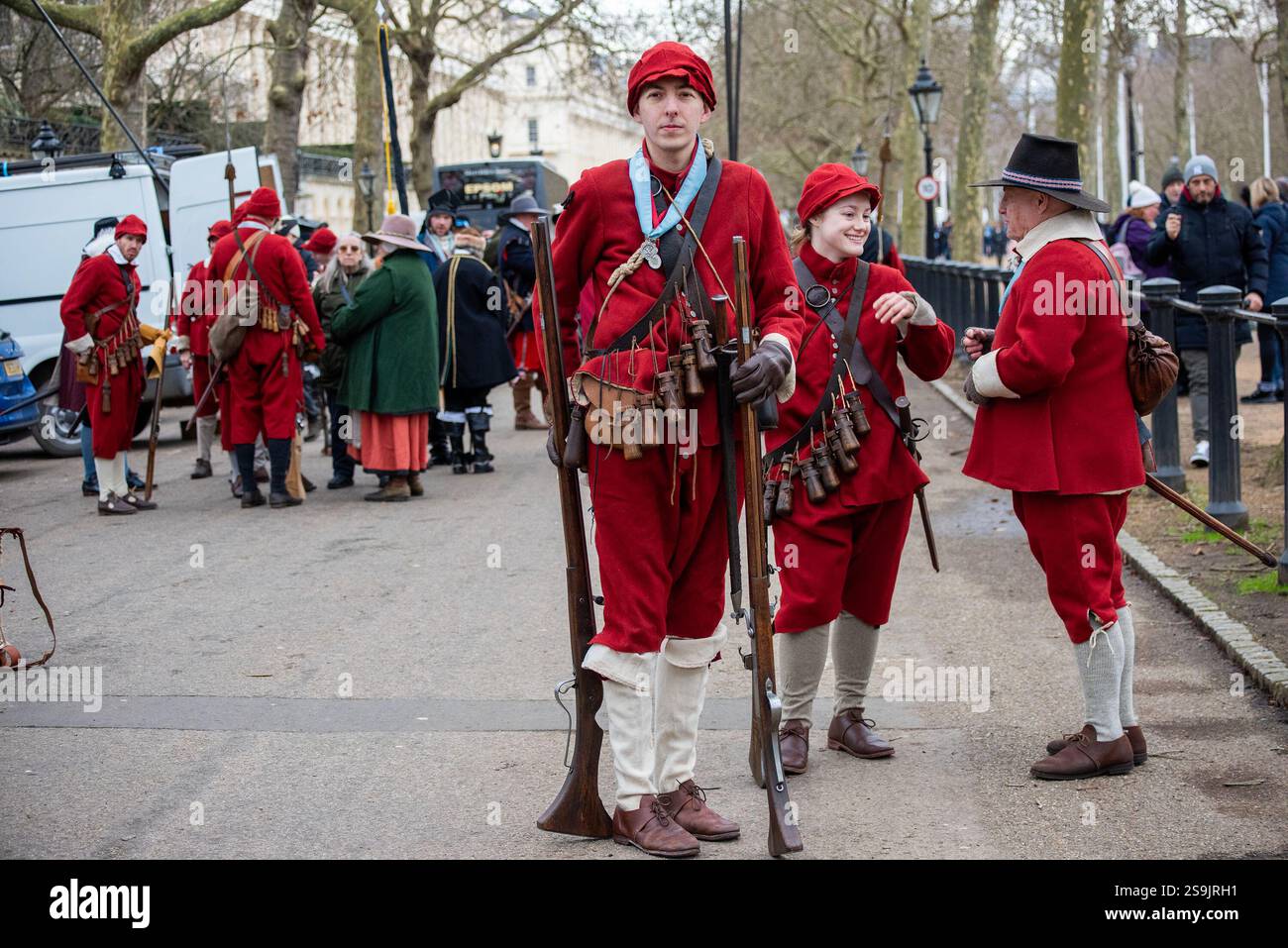London, UK. 26th Jan, 2025. A regiment member holds two muskets before ...