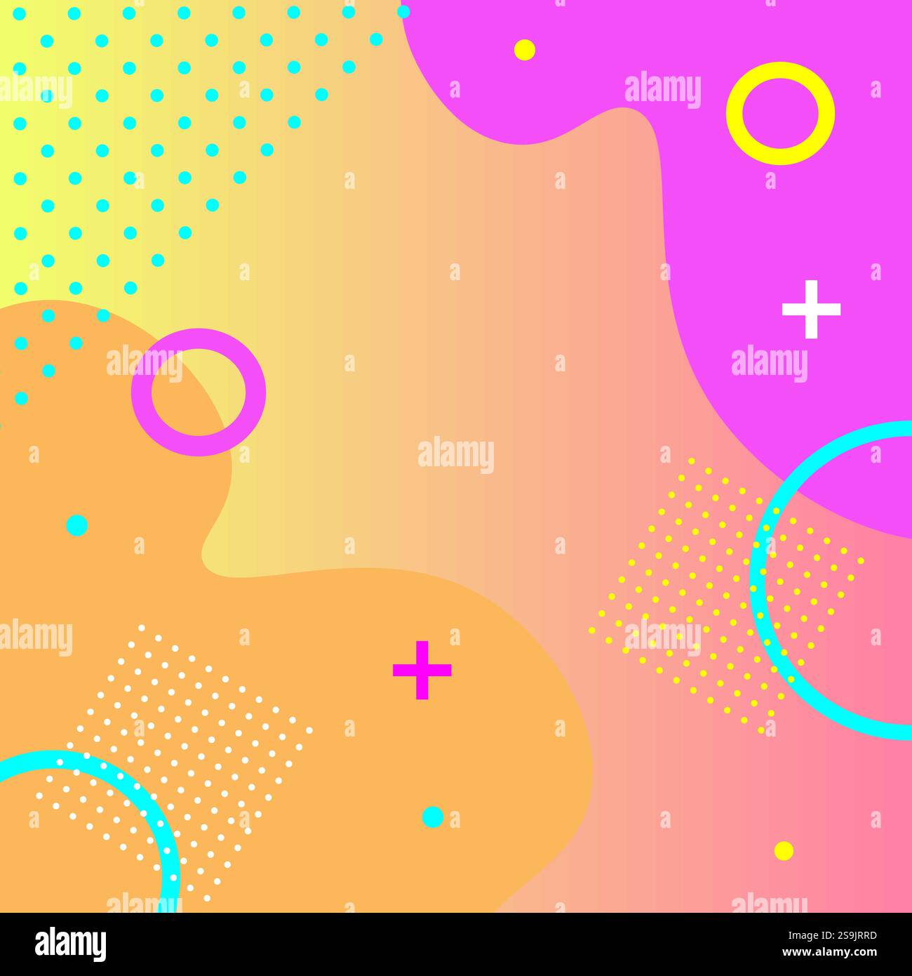 abstract colorful background with circles, plus, and square drawn by ...