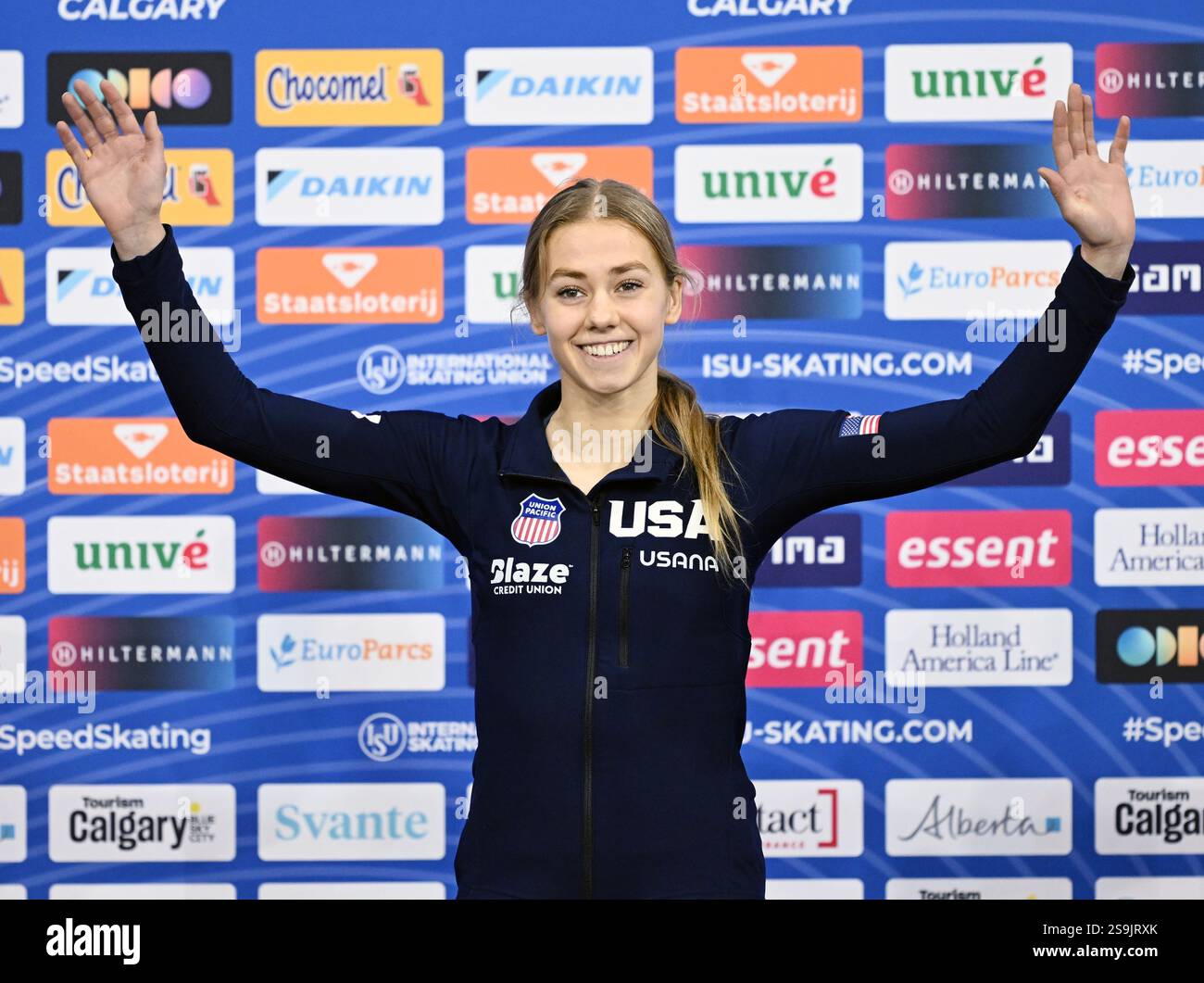 Greta Myers of United States, celebrates during an award ceremony of ...