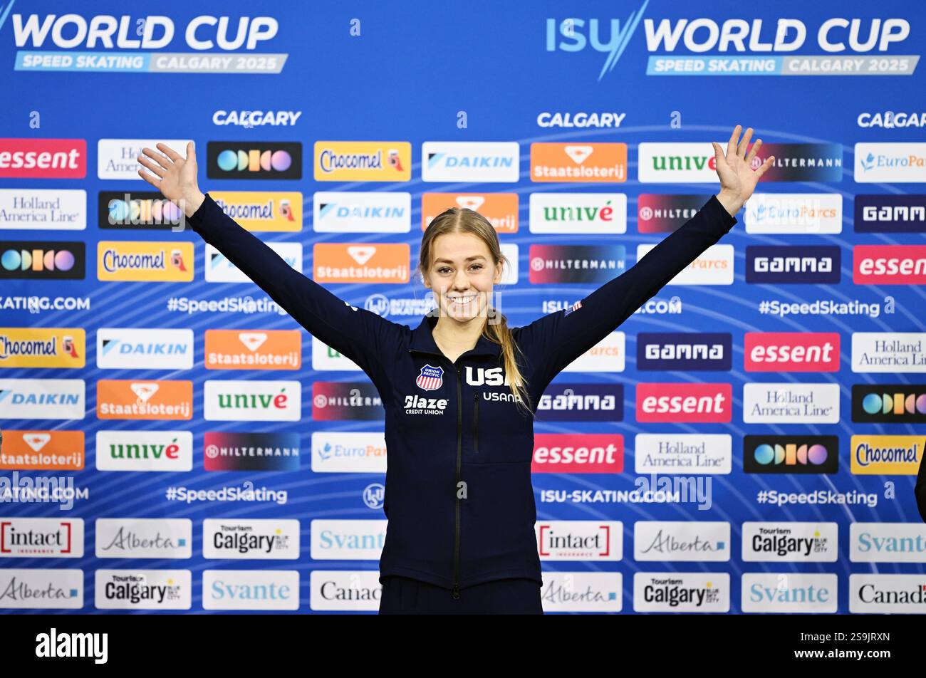 Greta Myers of United States, celebrates during an award ceremony of ...