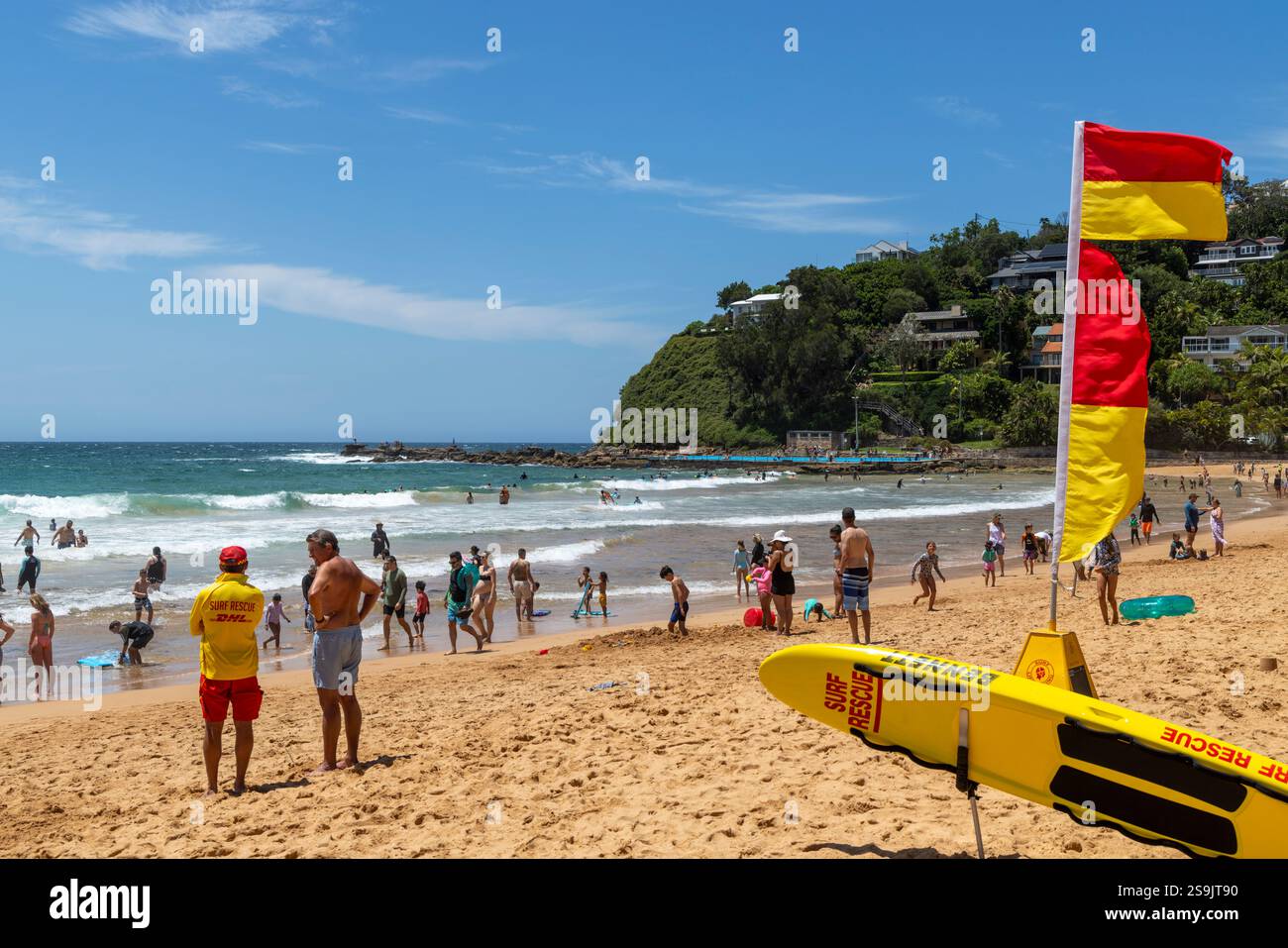 Palm Beach in Sydney, Volunteer surf rescue patrol members watch the ...