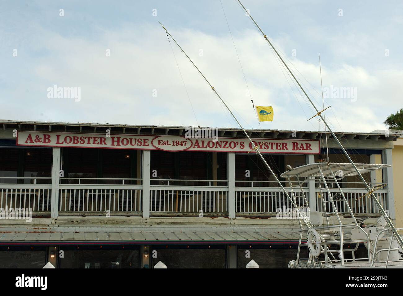 Red and blue sign with a red arrow to the left for A & B Marina Located ...