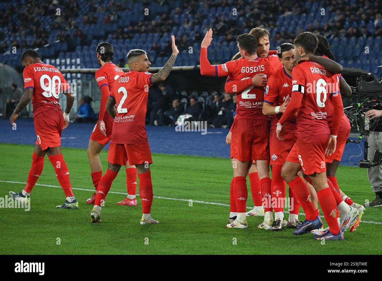 Yacine Adli (L2) of Fiorentina celebrates scoring his goal with ...