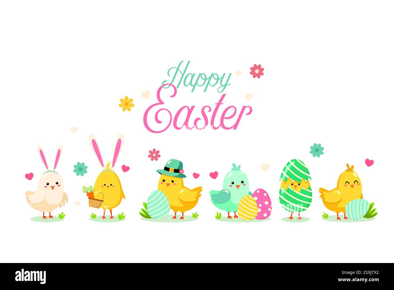 Colorful easter themed vector illustration with cute chicks birds ...