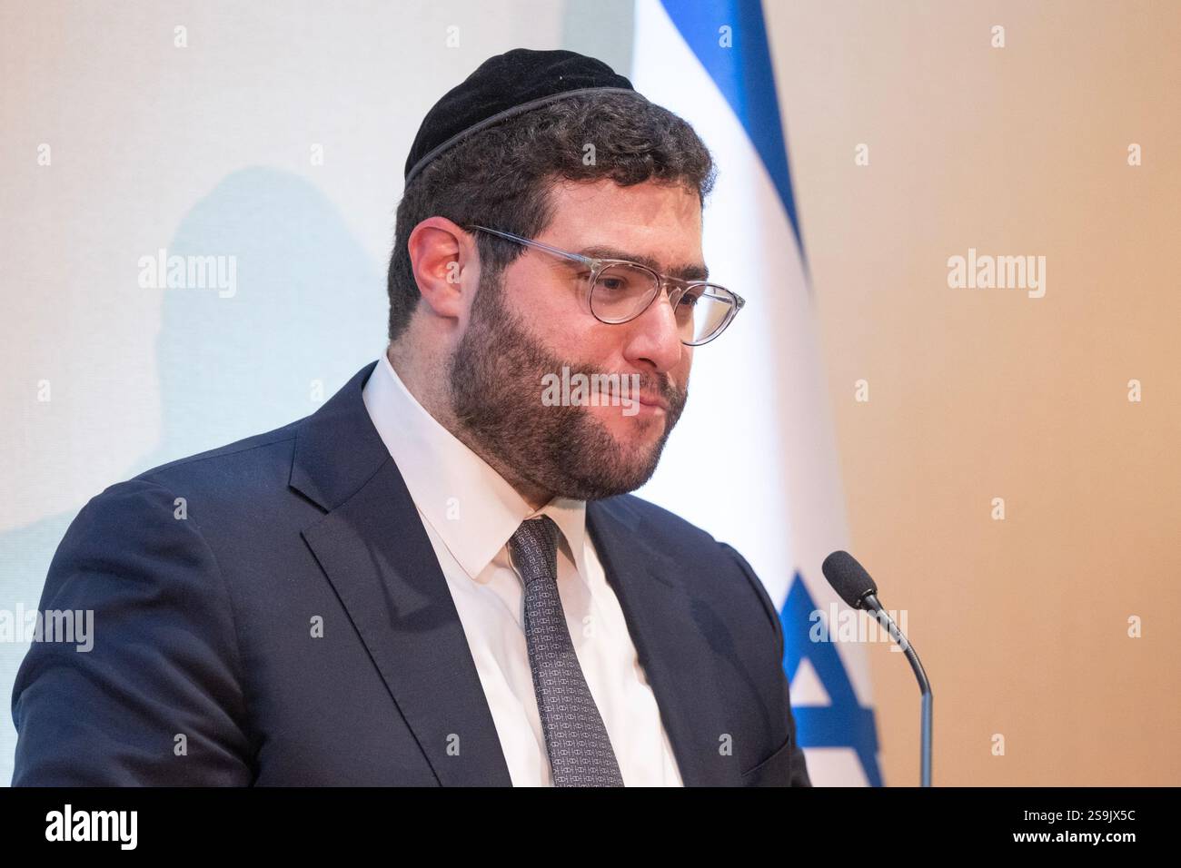 New York, USA. 26th Jan, 2025. Rabbi Ben Goldschmidt speaks during ...