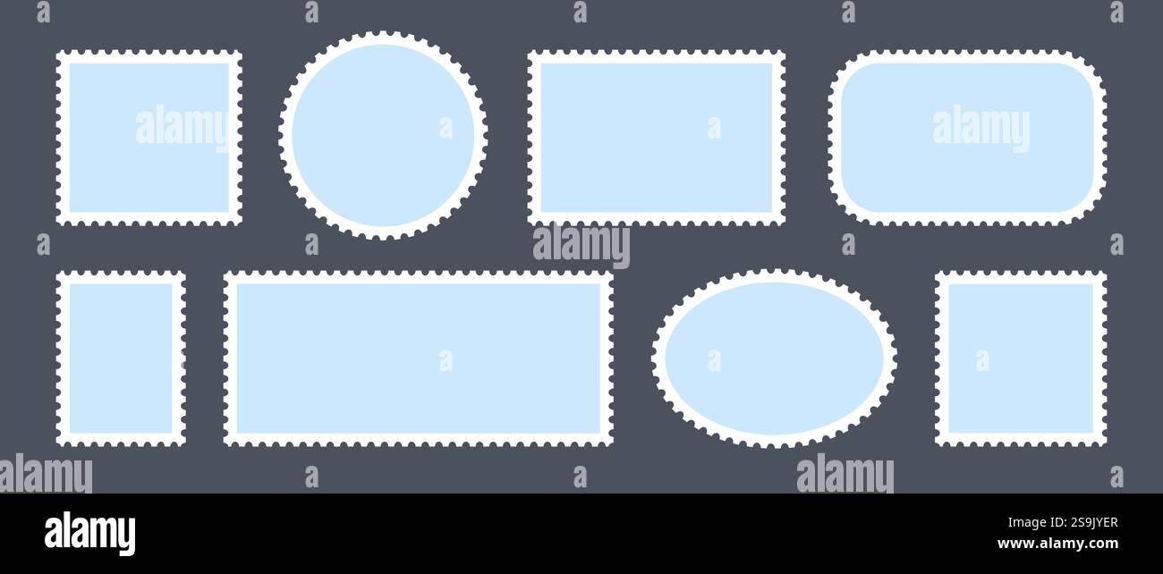 Blue postage stamps set. Post stamp frames and borders. Ellipse ...