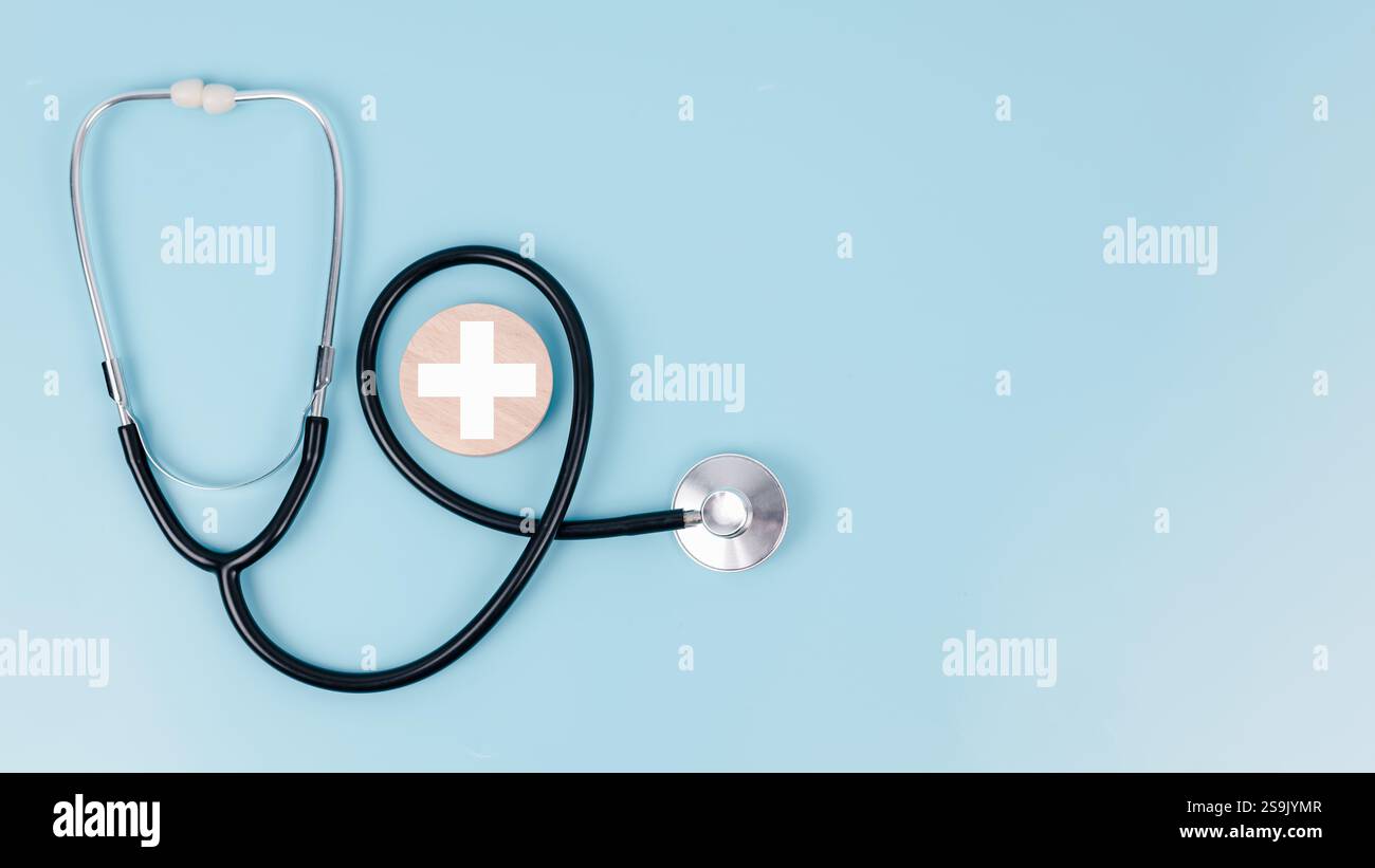 Minimal design with medicine equipment stethoscope on pastel blue ...