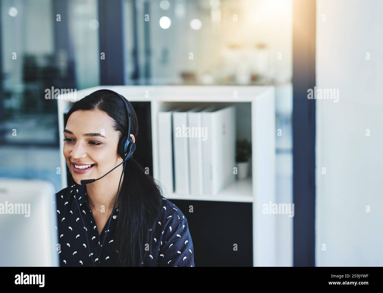 Happy, help desk and woman in office, call centre and discount deal ...