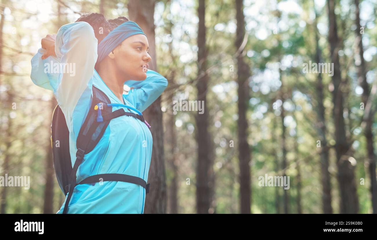 Exercise, thinking and woman in forest with hiking, backpack and ...