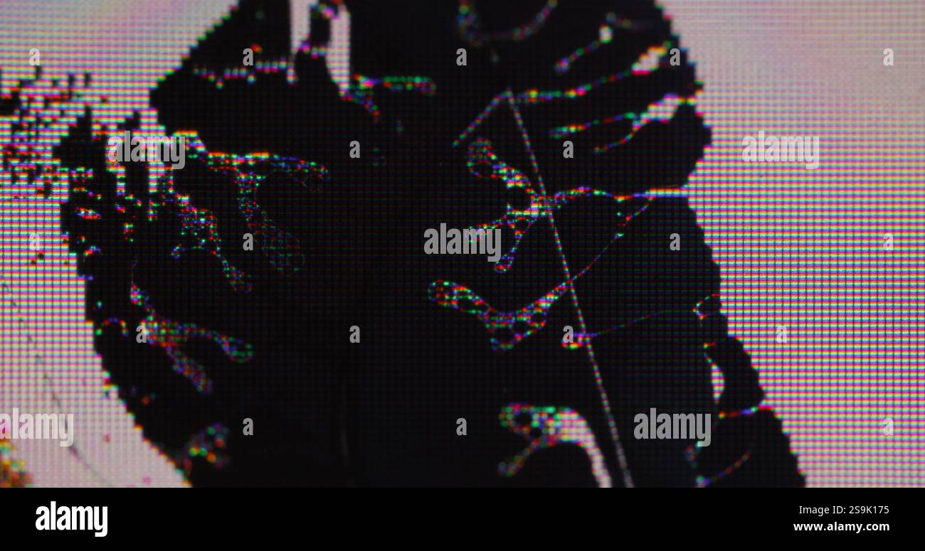 Glitch damage. Crashed matrix. Black ink cracked liquid crystal screen ...