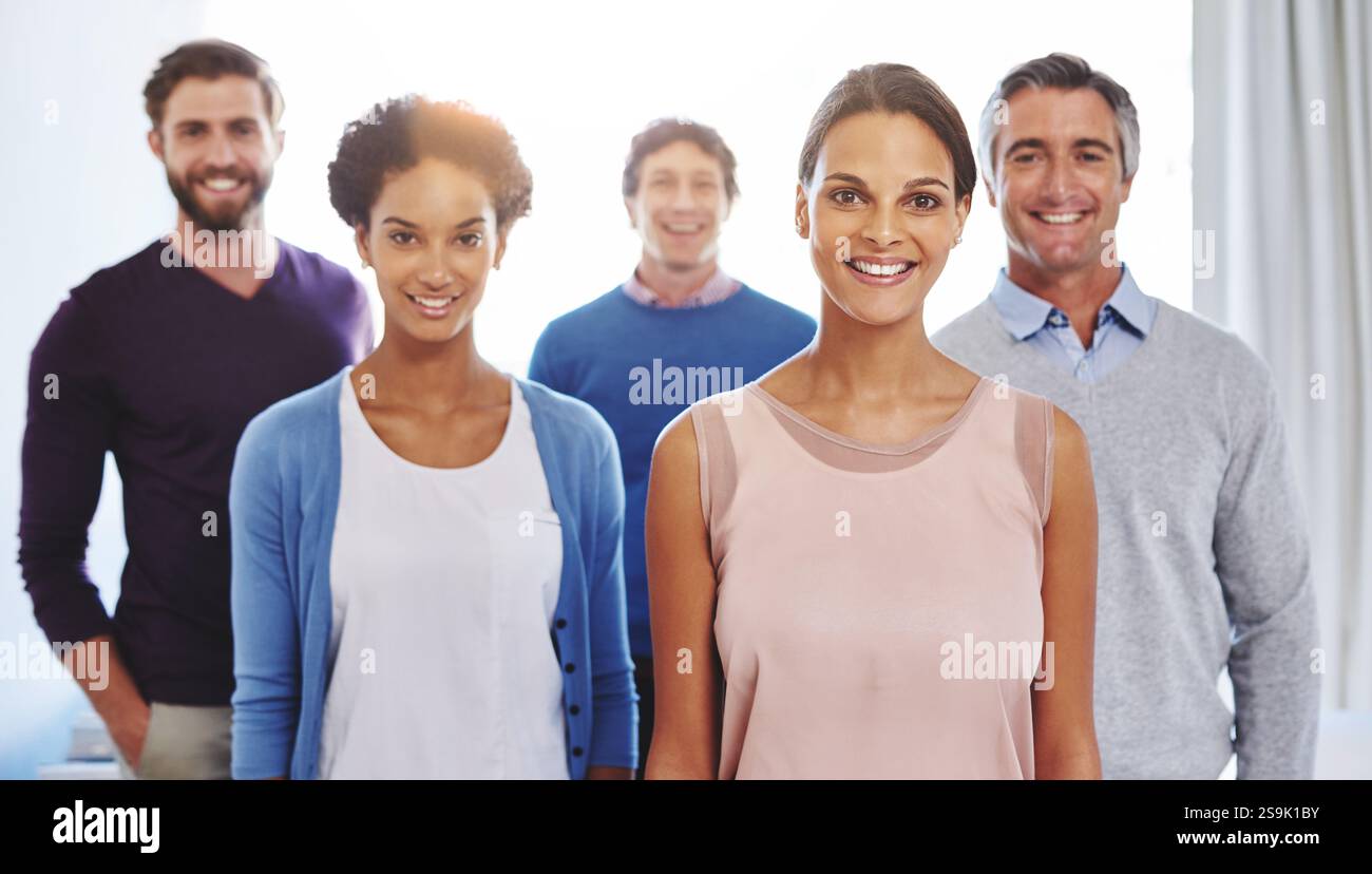 Employees, business team and portrait in office, collaboration and ...