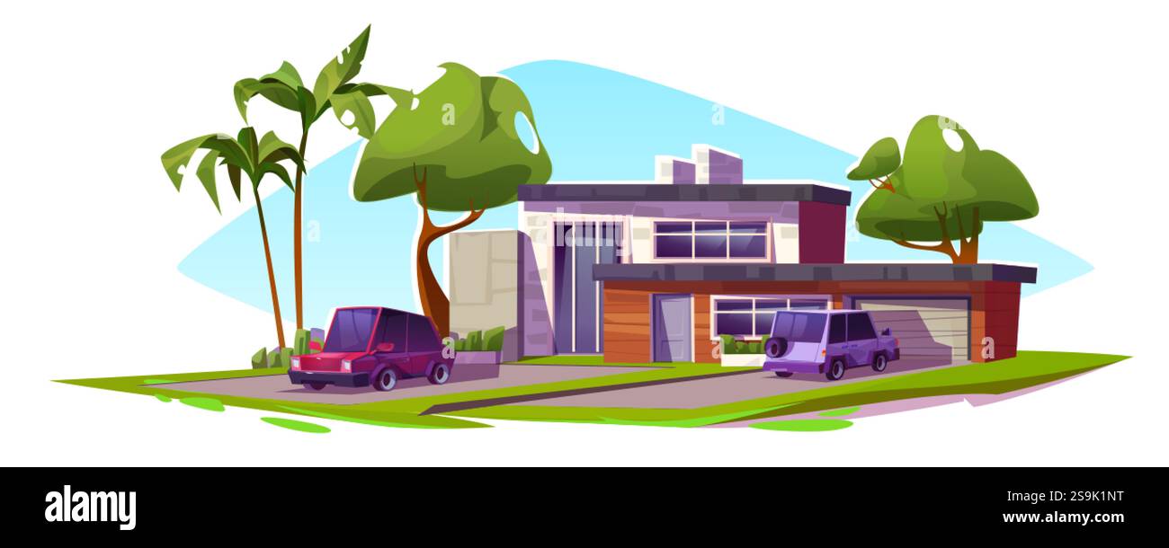 Cartoon modern house with garage, two parked cars and palm tree ...