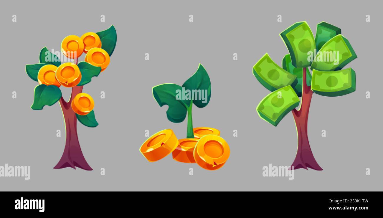 Money trees set isolated on background. Vector cartoon illustration of ...
