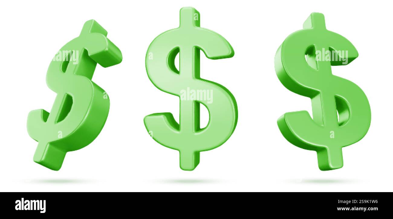 Green 3d dollar signs set isolated on white. Vector realistic ...