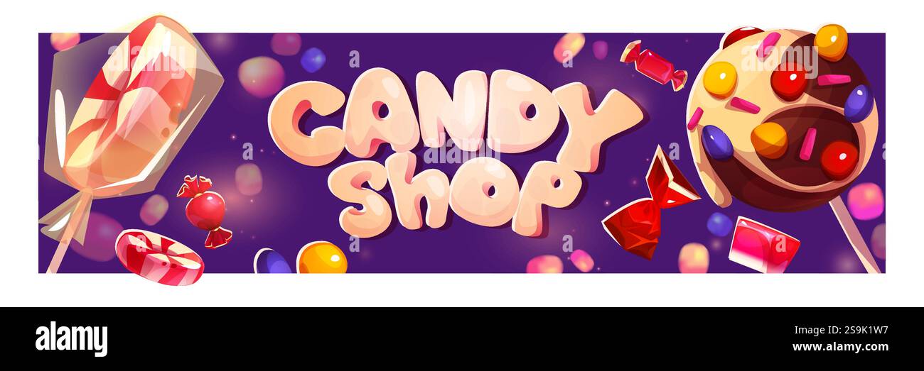 Candy shop banner design with text - decorated chocolate lollipop ...