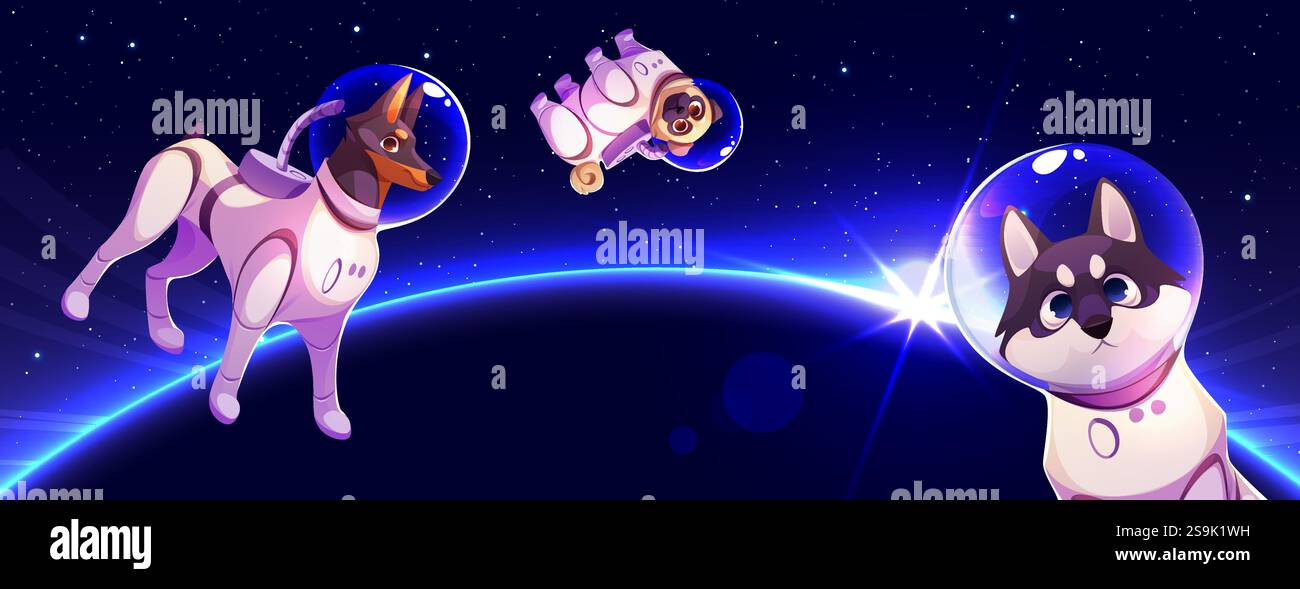 Astronaut dogs flying in outer space. Vector cartoon illustration of ...