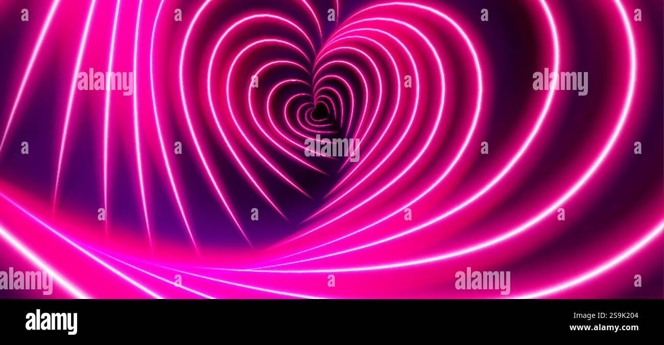 Neon pink heart shaped tunnel background with glowing curved lines creating perspective effect ...