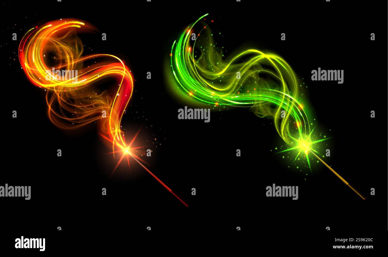 Magic wands set isolated on black background. Vector realistic ...