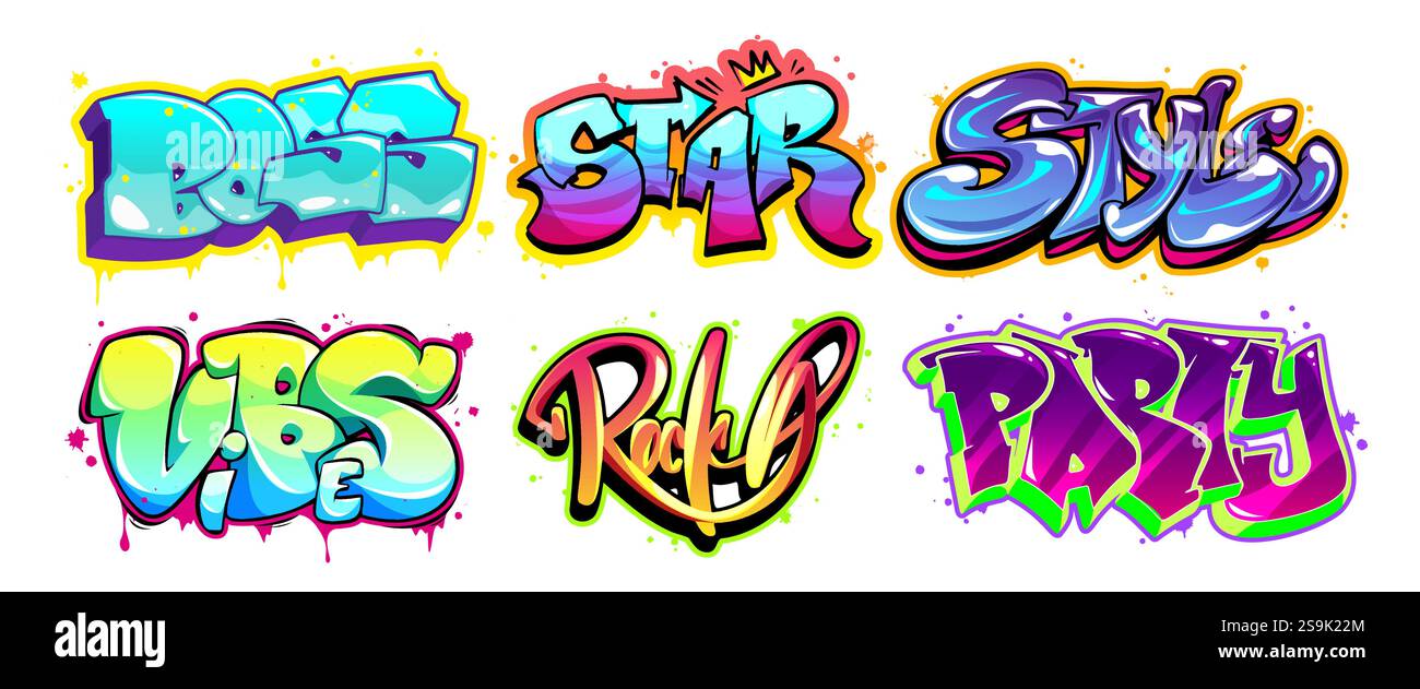 Graffiti cartoon lettering collection in bright gradient colors. Street ...