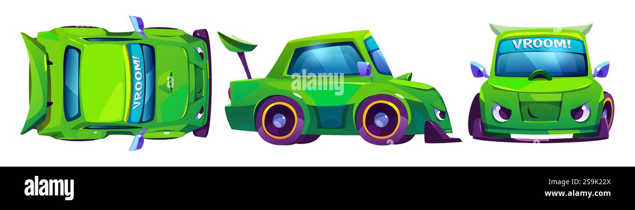 Green race car character set isolated on white background. Vector ...