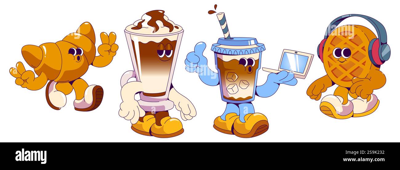 Groovy coffee shop mascots - walking croissant making peace gesture ...