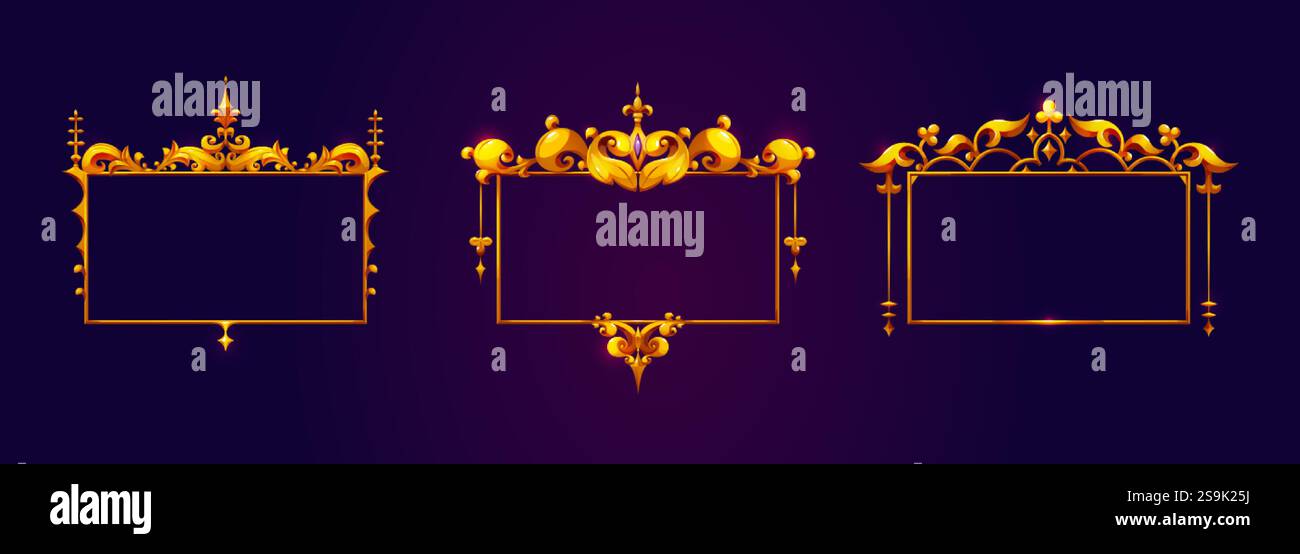 Medieval game frames set - ornate golden borders with decorative flourishes on dark background ...
