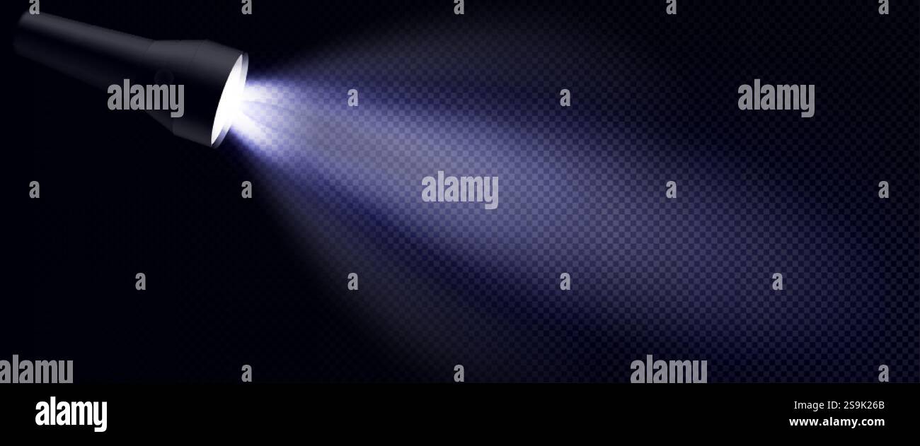 Flashlight beam effect with black metallic torch emitting bright ...