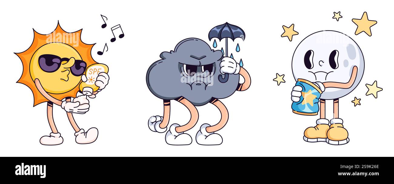Groovy weather characters set isolated on white. Contemporary vector ...