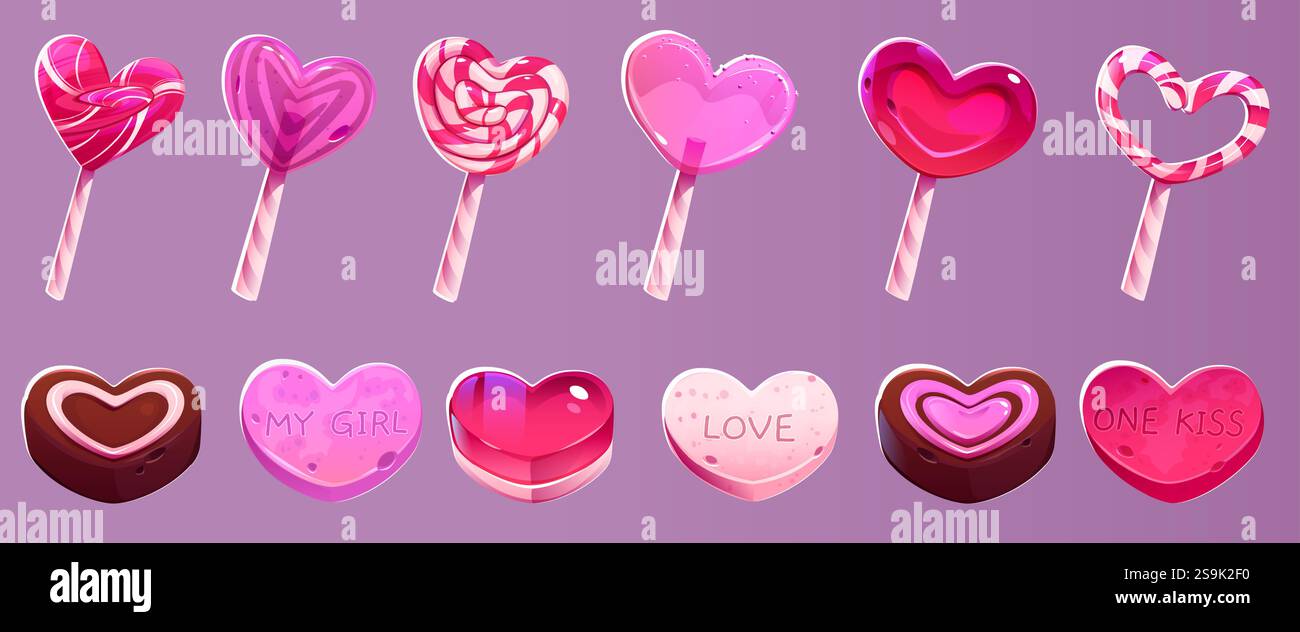 Valentine heart shaped candies set with striped lollipops, chocolate ...