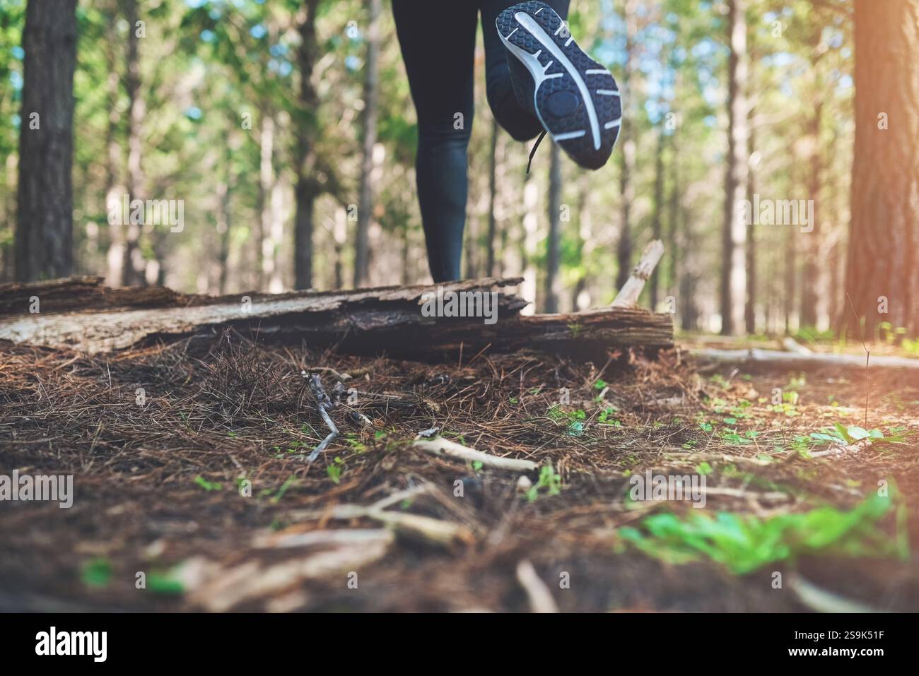 Woman, feet and athlete running in forest, outdoor exercise and ...