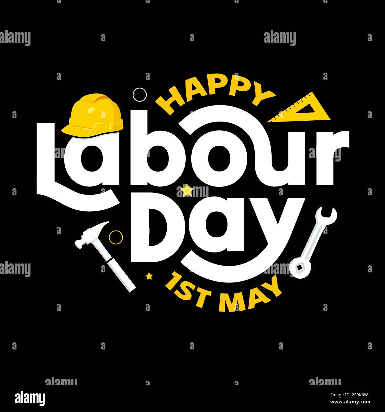 Happy Labour Day banner with worker tools yellow helmet, hammer, wrench ...