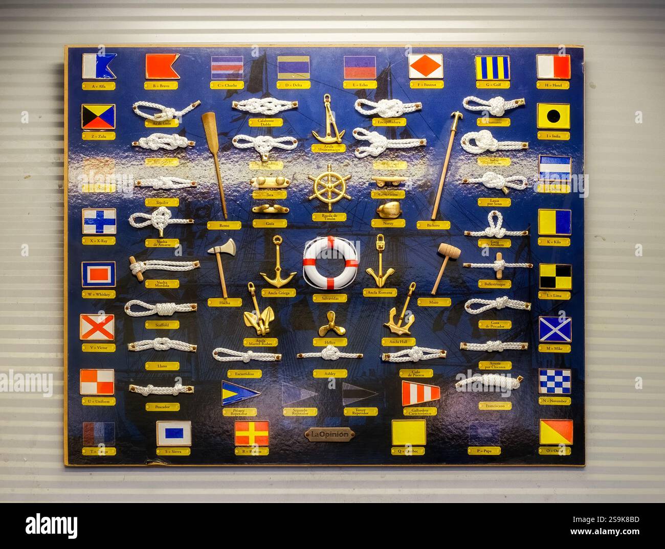 A detailed nautical chart displays various nautical flags, knots, tools ...