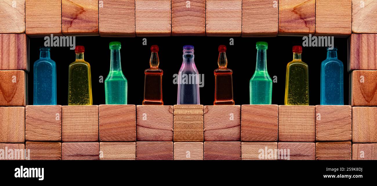 A wall made of wooden cubes with various miniature bottles of alcohol ...