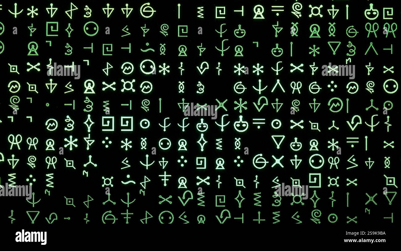 Complex line of alien hieroglyphs symbols Stock Photo - Alamy