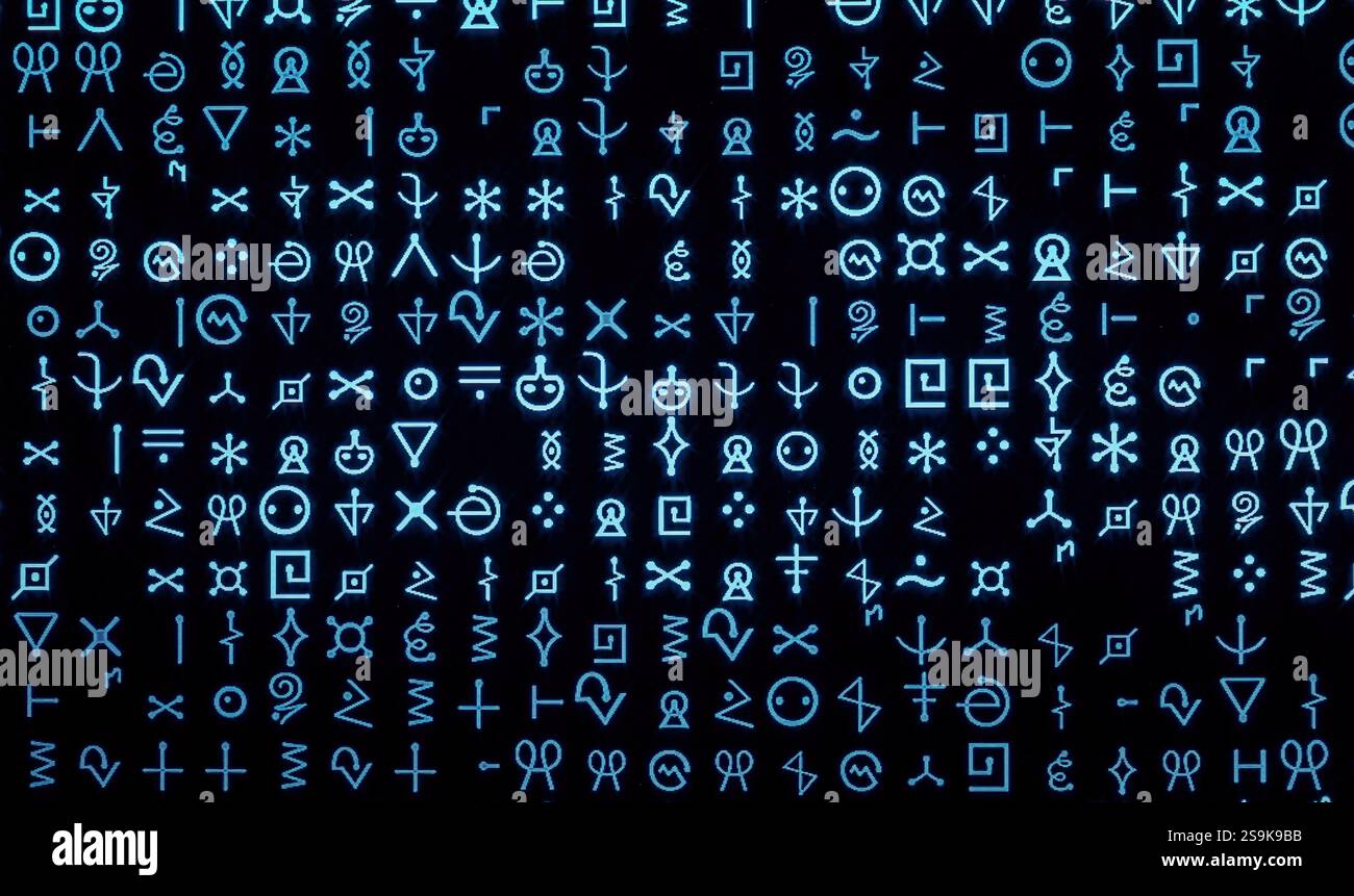 Complex line of alien hieroglyphs symbols Stock Photo - Alamy