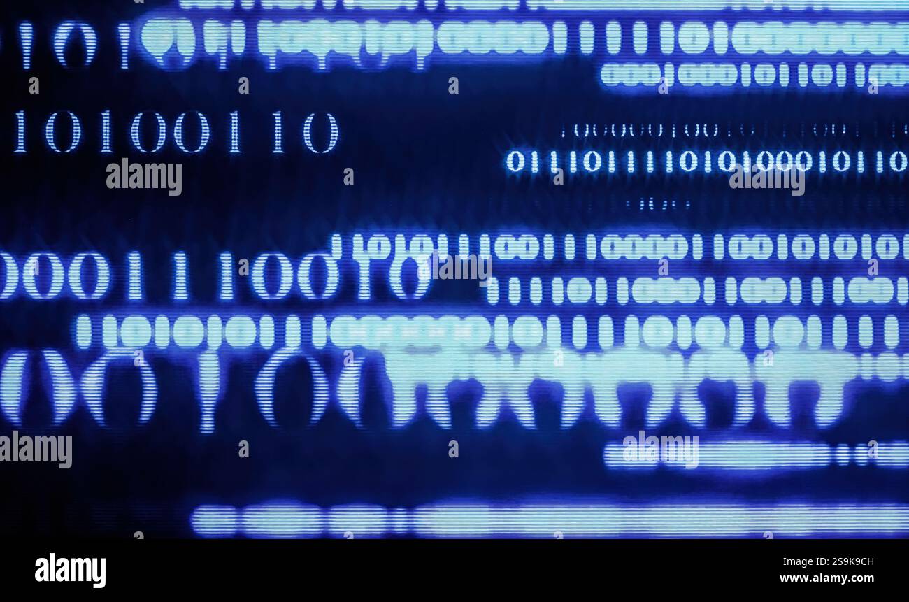 abstract background of computer code, white numbers on dark blue ...