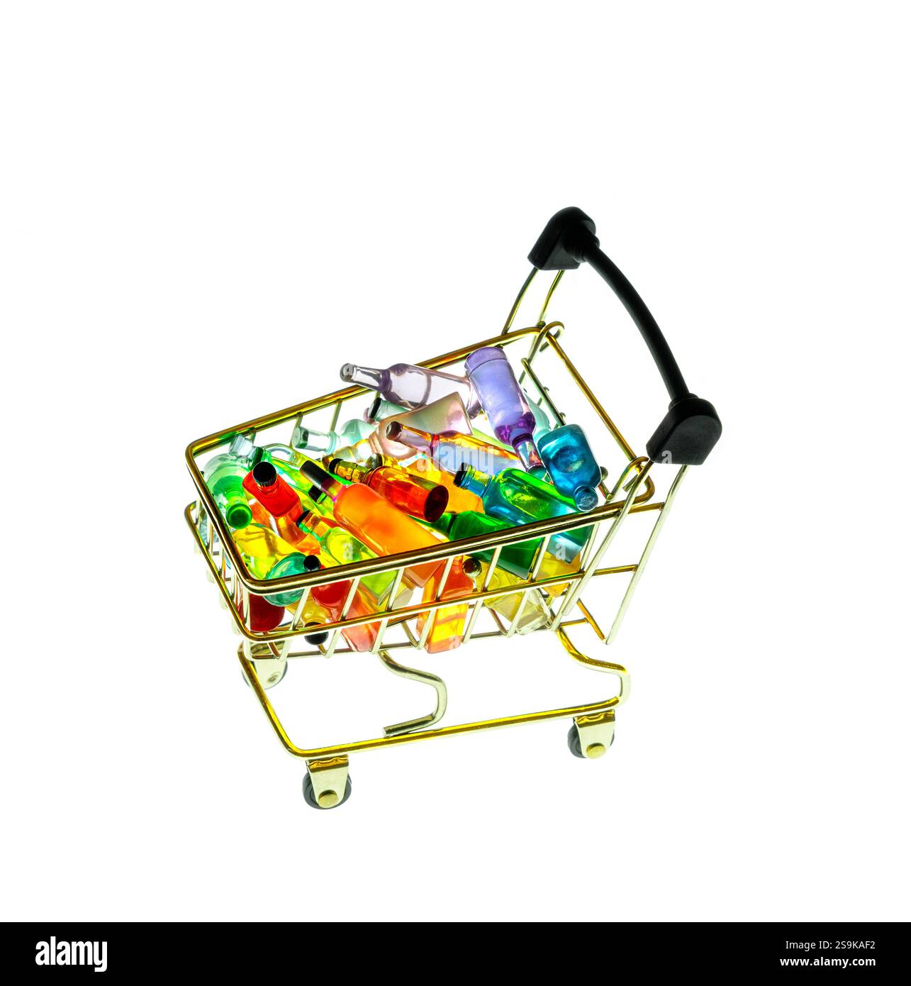 Golden Shopping chart or supermarket trolley full with various ...